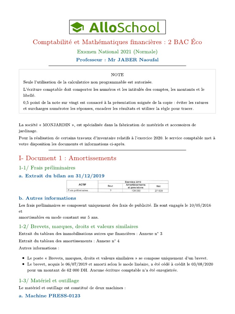 Compta 2bac Eco Examen National 2021 Normale 1 PDF | PDF