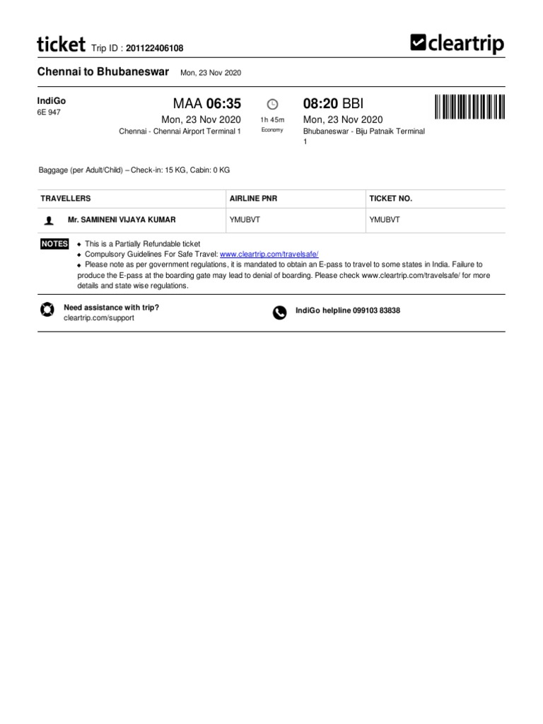 Cleartrip Flight Domestic E-Ticket PDF | PDF