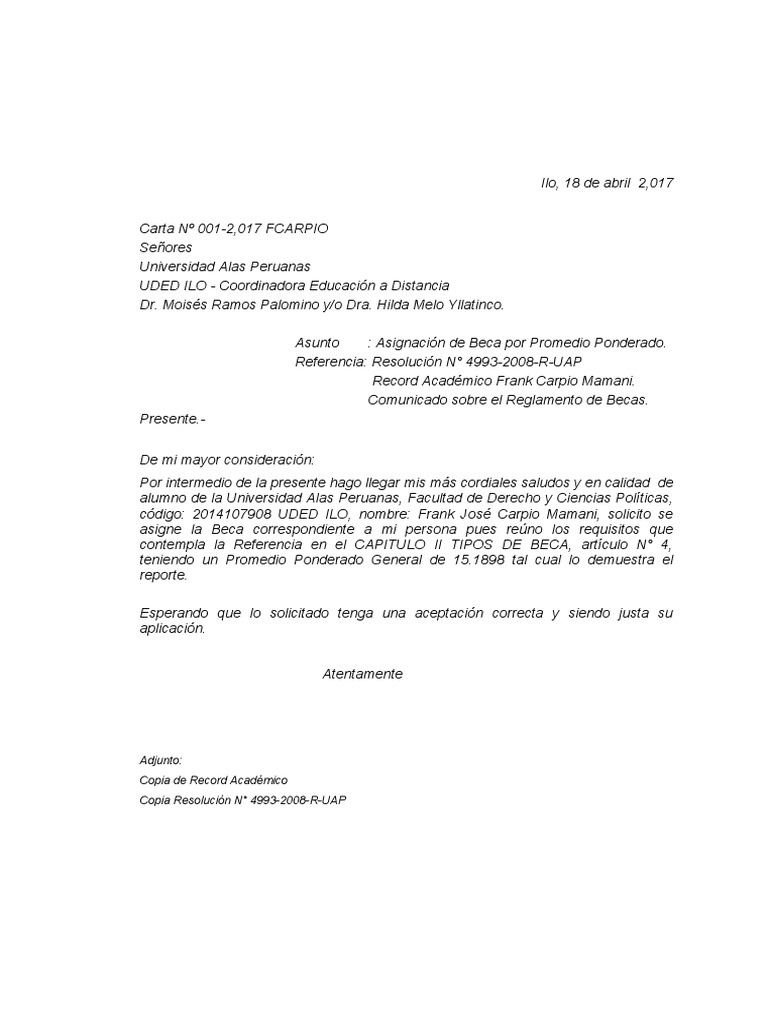 Carta #001-2017 UAP Beca | PDF