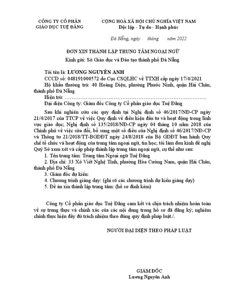 Mẫu xin thành lập trung tâm NN | PDF