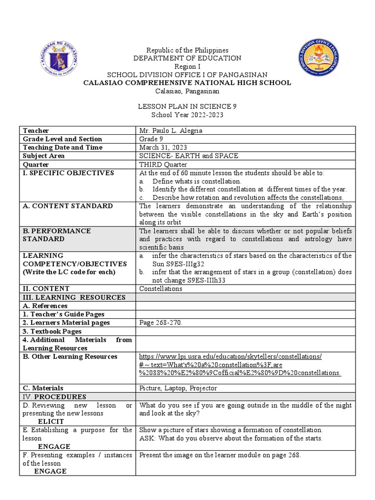 Grade 9 Lesson Plan Constellation | PDF