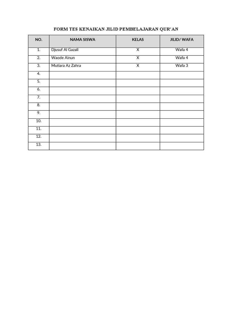 FORM TES KENAIKAN JILID PEMBELAJARAN QUR salinan.docx | PDF