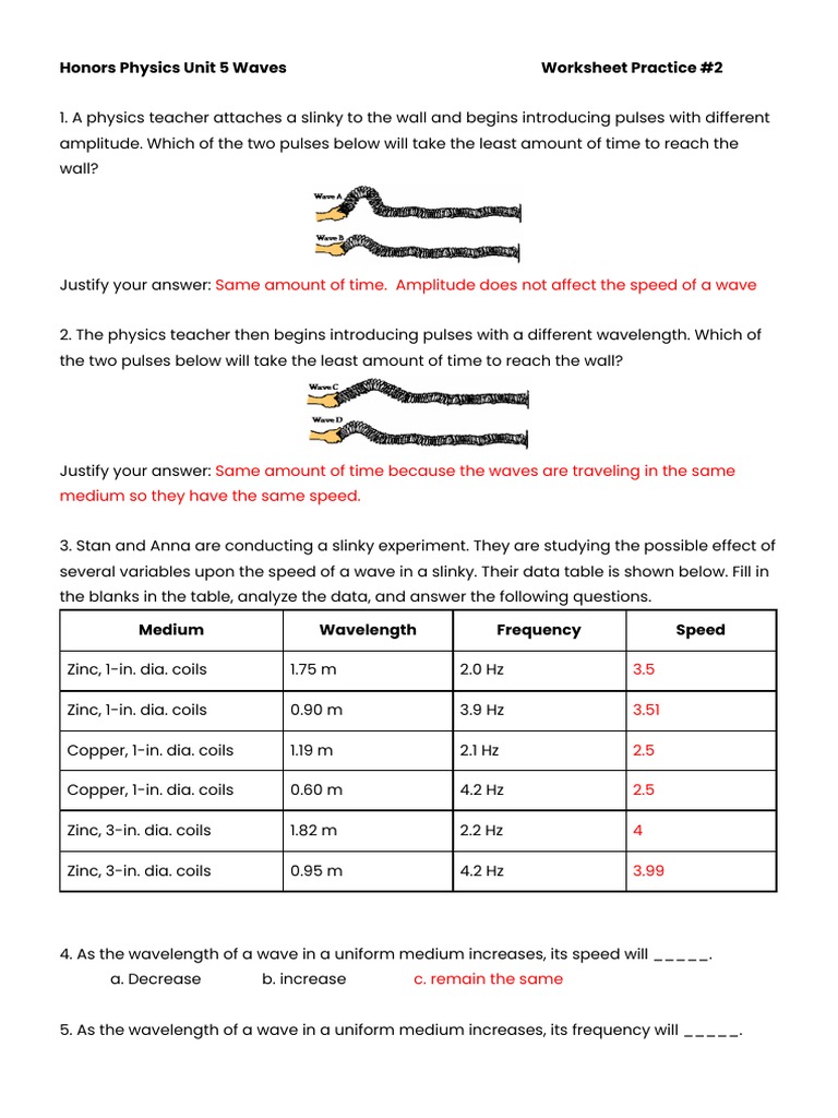 Honors Physics Waves Worksheet Practice #2 | PDF
