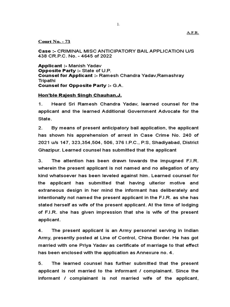 Manish Yadav V State of Up Criminal Misc Anticipatory Bail Application Us 438 CRPC No 4645 of ...