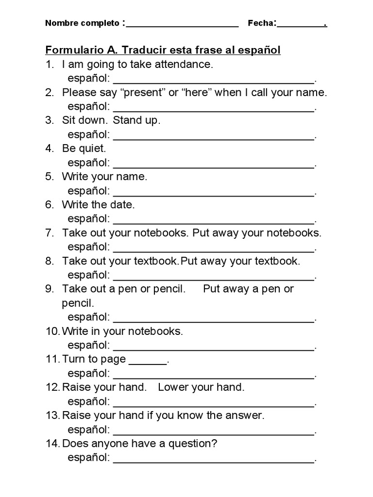 Classroom Comands Translation Worksheet (English) | PDF