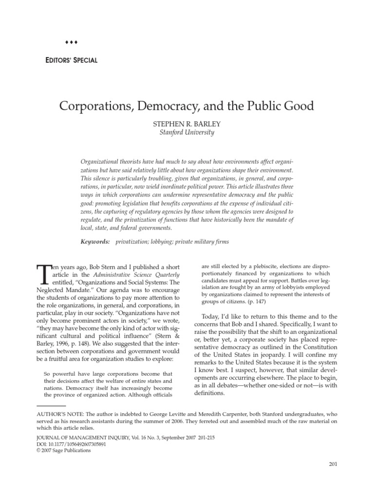 Corporations, Democracy, and The Public Good PDF | PDF