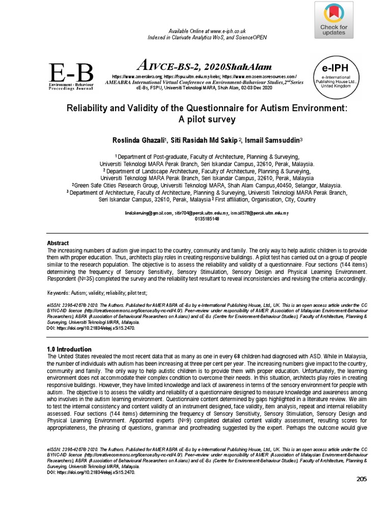 Reliability and Validity of The Questionnaire For Autism Environment ...