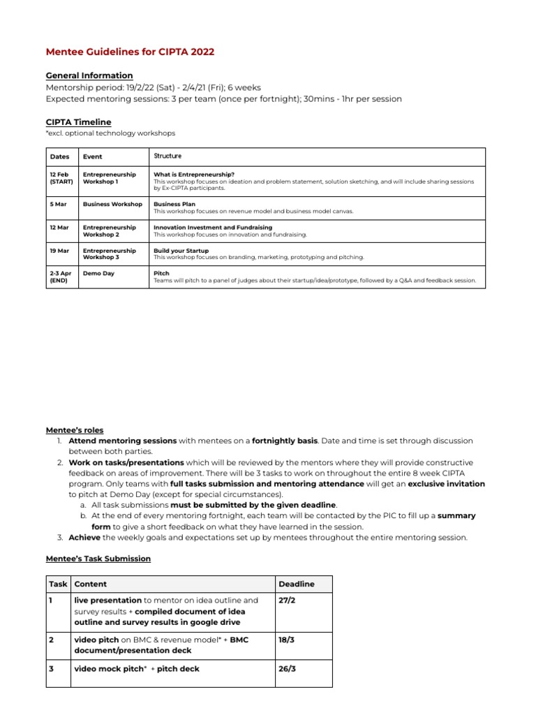 Mentee Guidelines 2022 (Final) | PDF | Mentorship | Startup Company