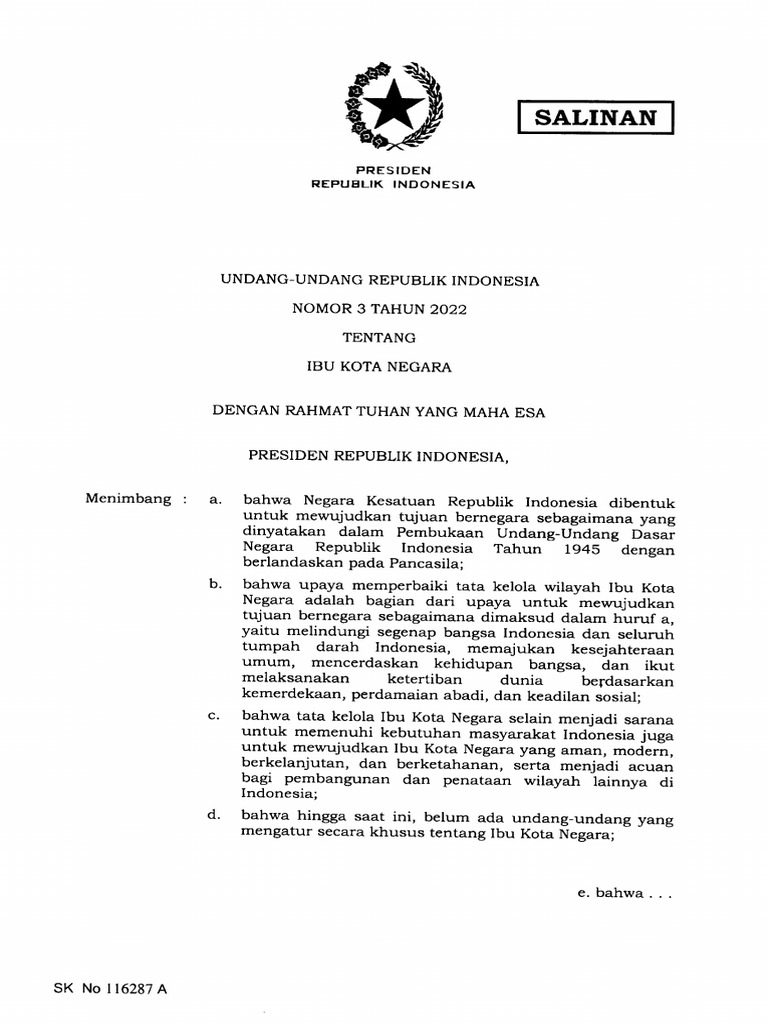 UU Nomor 3 Tahun 2022 TTG IKN PDF | PDF