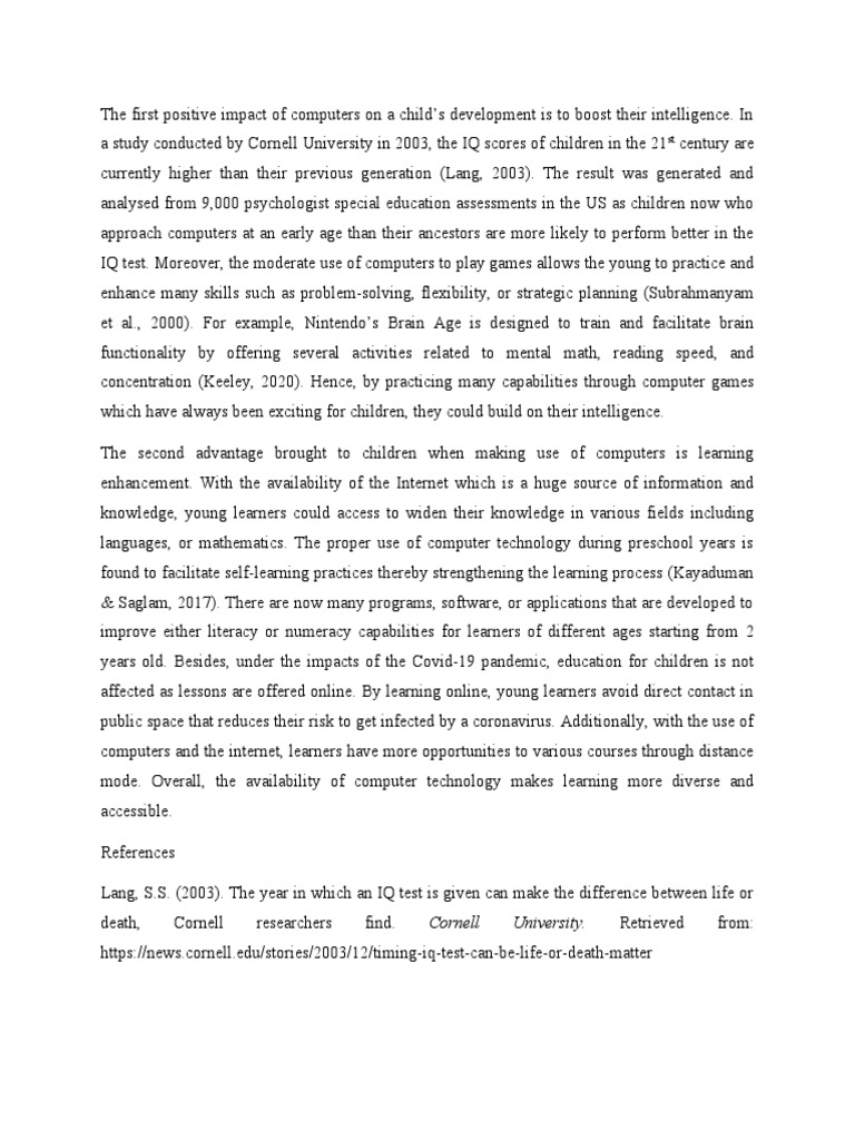 The First Positive Impact of Computers On A Child | PDF