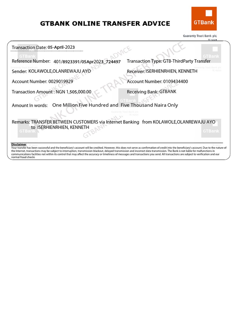 Gtbank Online Transfer Advice: Disclaimer | PDF