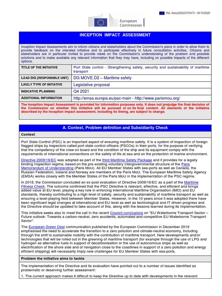 Inception Impact Assessment: DG Move.D2 - Maritime Safety Legislative Proposal Q4 2021 | PDF
