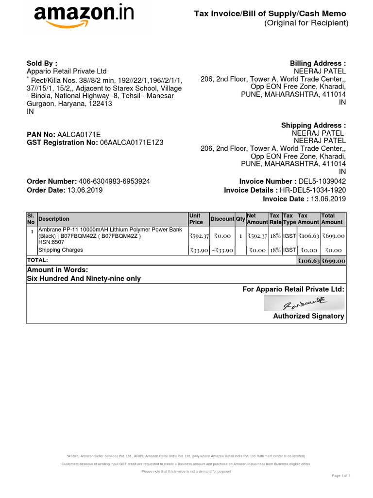 Amazon Invoice - Power Bank PDF | PDF | Invoice | Business