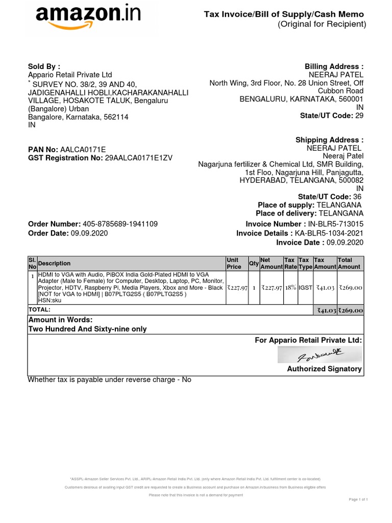 Amazon Invoice - HDMI to VGA with Audio | PDF | Invoice | Economies