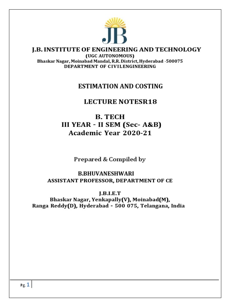 Estimation and Costing Lecture Notes | PDF