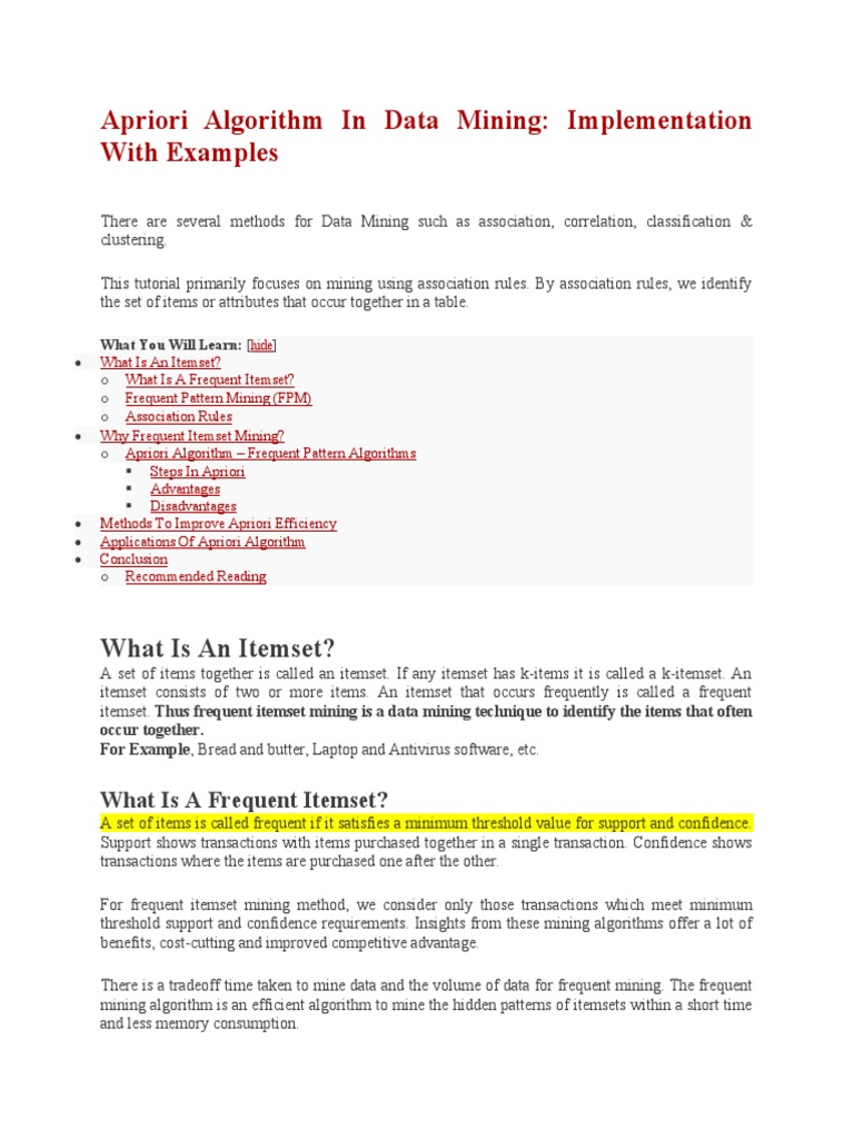 Apriori Algorithm in Data Mining | PDF