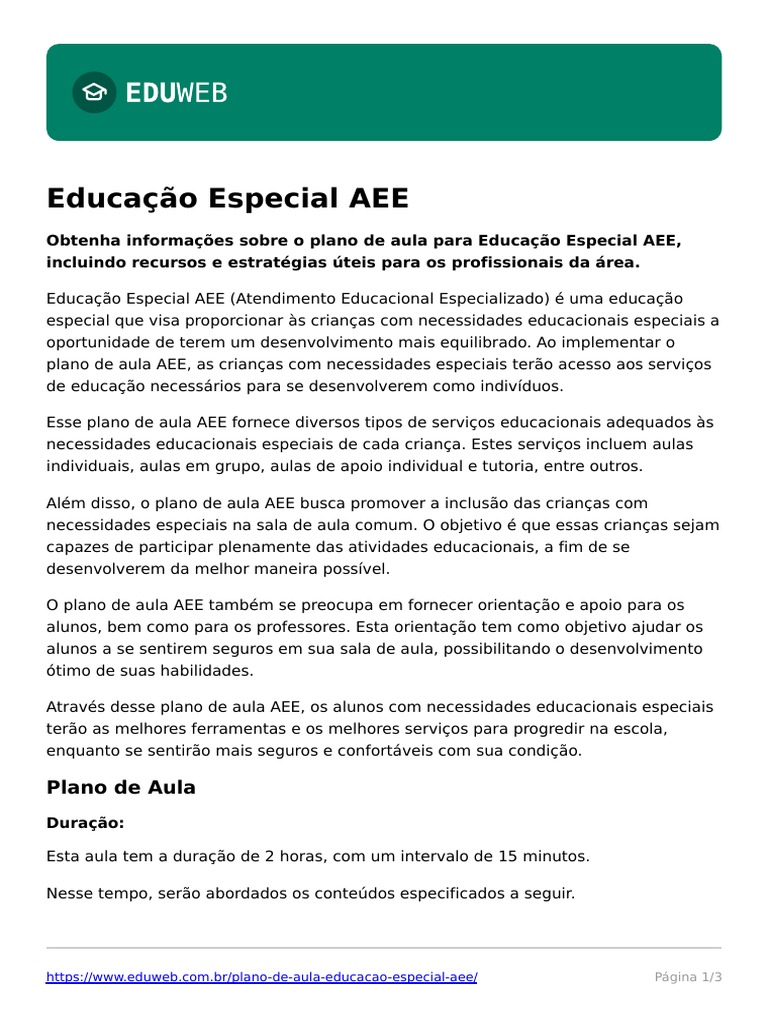 Plano de Aula Educacao Especial Aee PDF | PDF