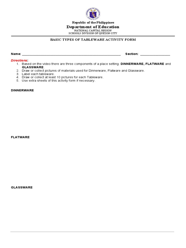 Basic Types of Tableware Activity Form | PDF
