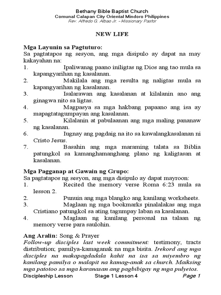 Discipleship Lesson Stage 1 Lesson 4 NEW LIFE DC Bookfold | PDF