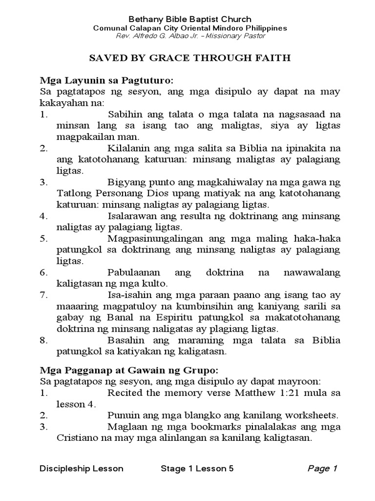 Discipleship Lesson Stage 1 Lesson 5 SAVED BY GRACE THROUGH FAITH TC Bookfold | PDF