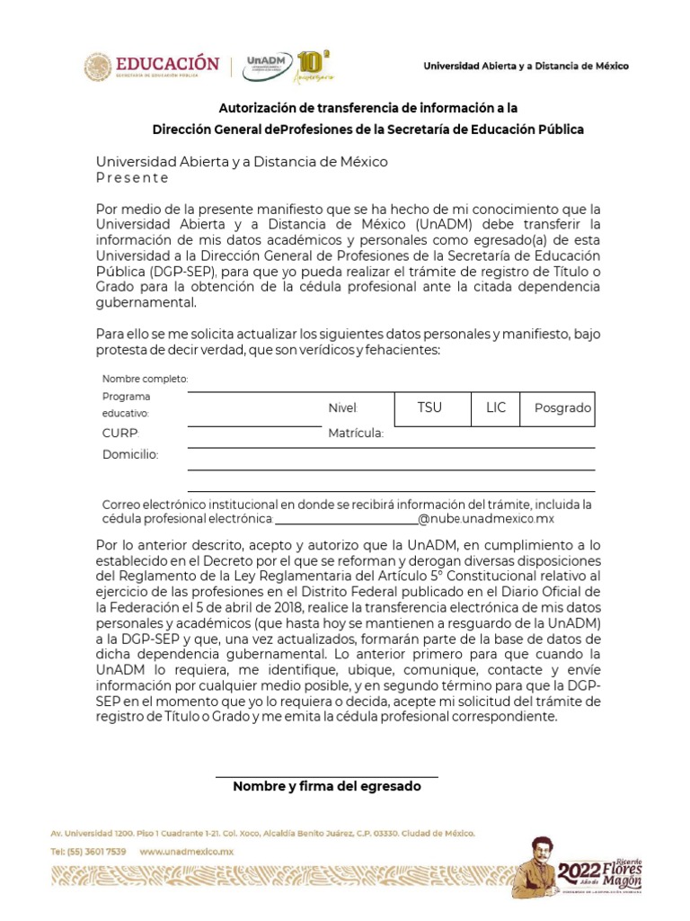 Autorización de Transferencia de Información A La DGP - Egreso 2021-2 PDF | PDF