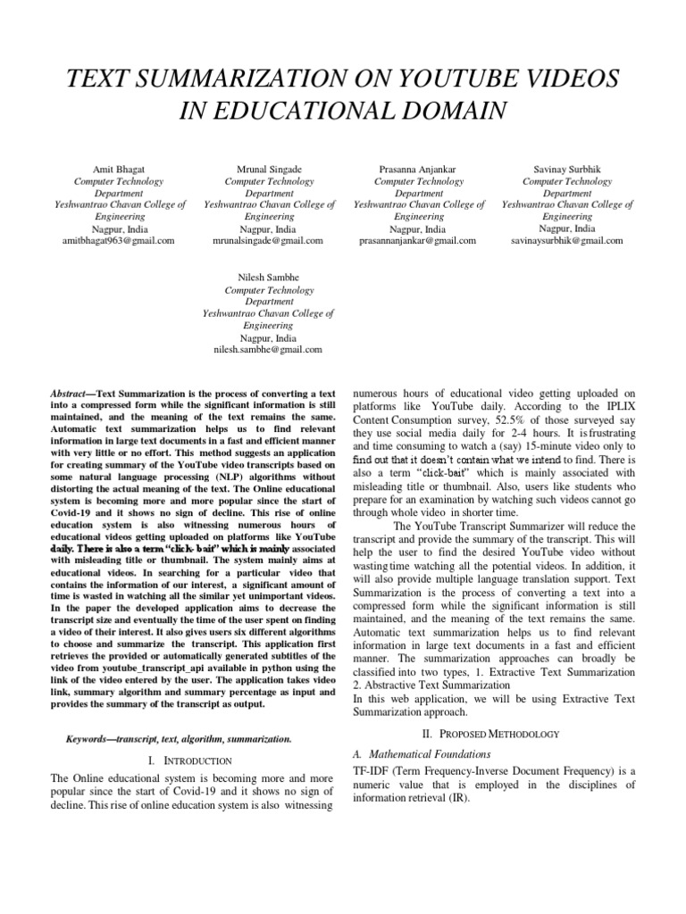 Text Summarization On Youtube Videos in Educational Domain | PDF