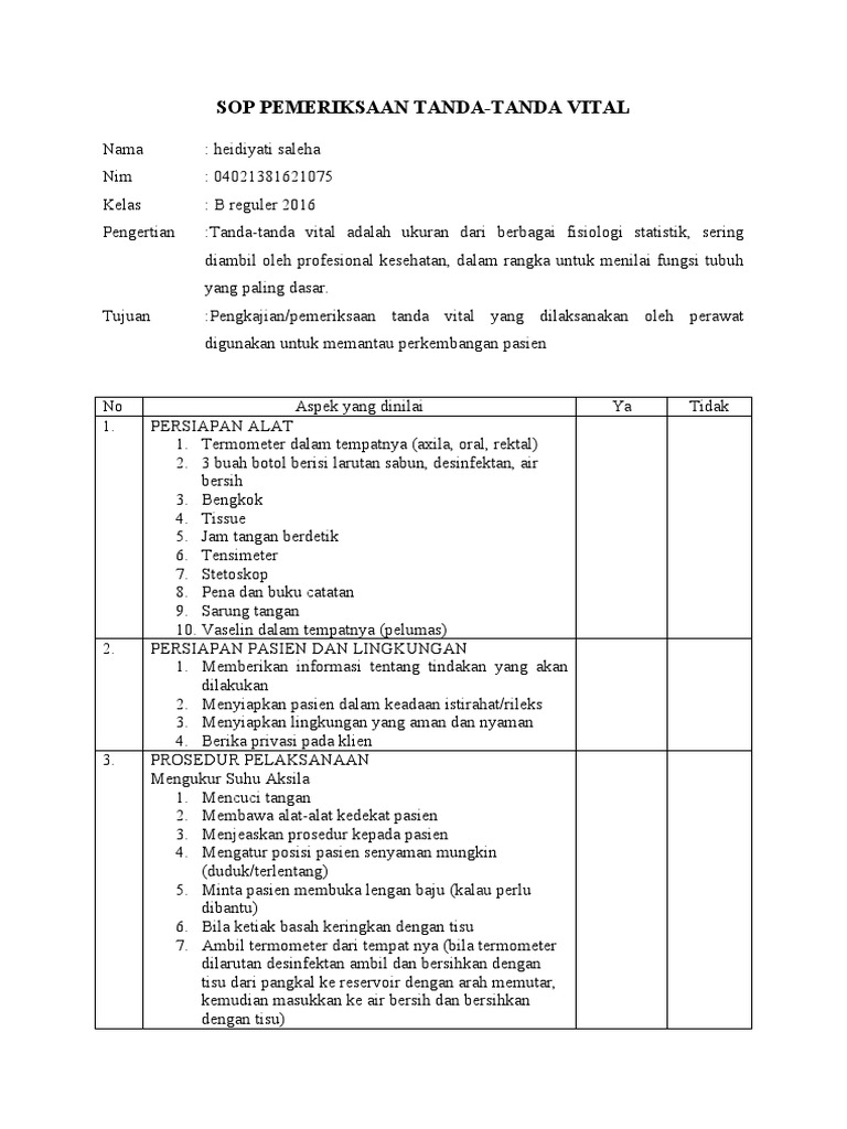 Sop Pemeriksaan Tanda Tanda Vital | PDF