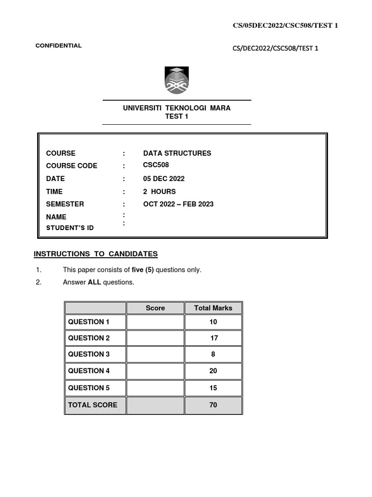CSC508 Test 1 - Data Structures Exam | PDF | Data Type | Boolean Data Type