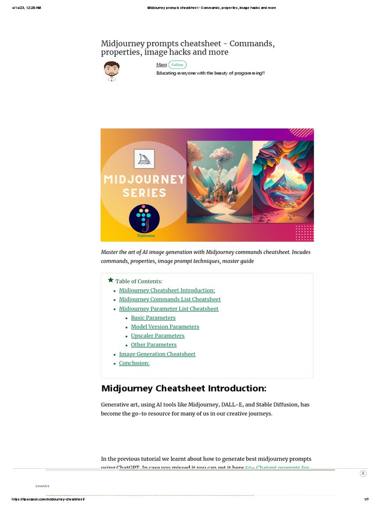 Midjourney prompts cheatsheet - Commands, properties, image hacks and more.pdf | PDF
