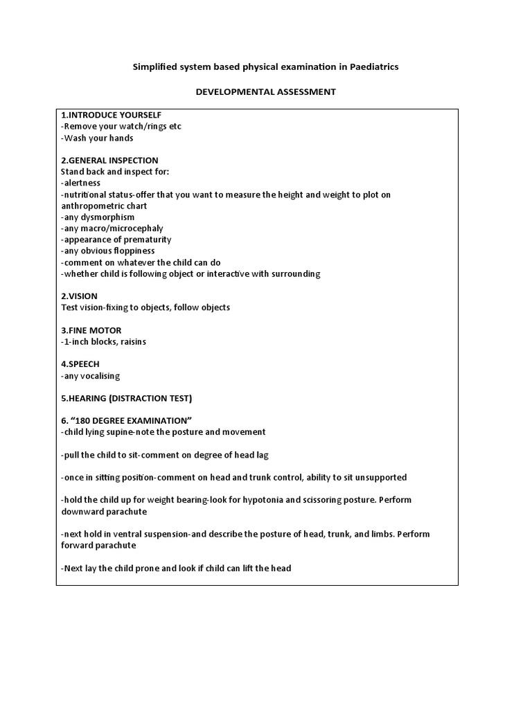 Pediatric Developmental Exam Guide | PDF | Wellness