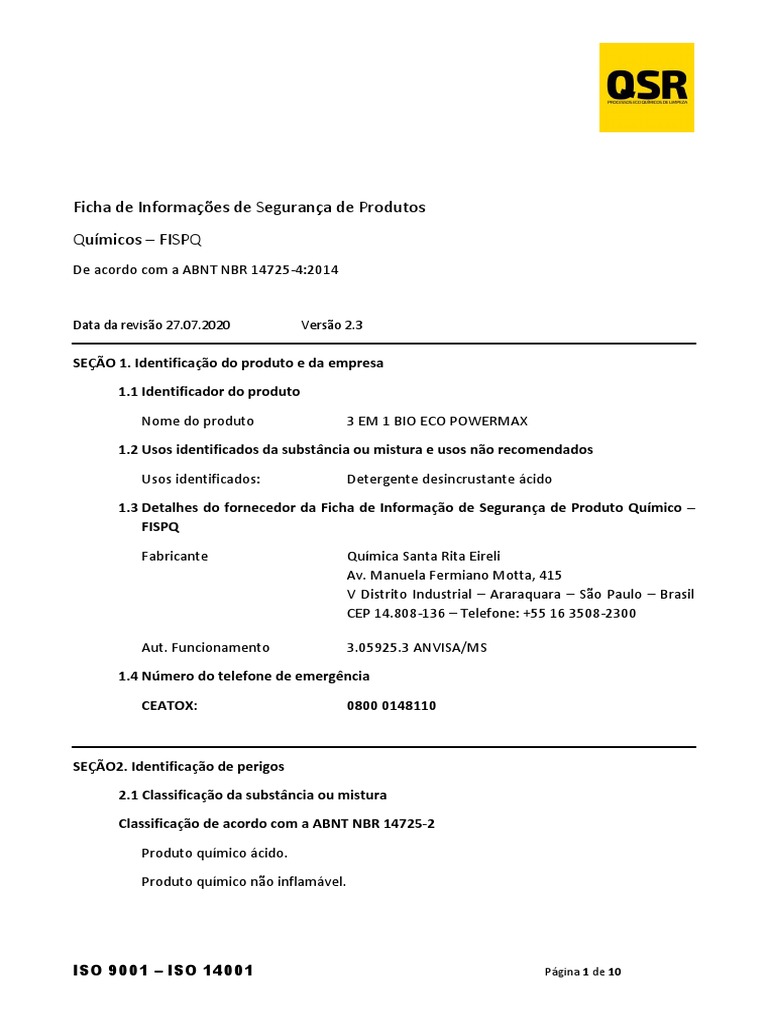FISPQ do Produto 3 em 1 Bio Eco Powermax | PDF | Embalagem e rotulagem ...
