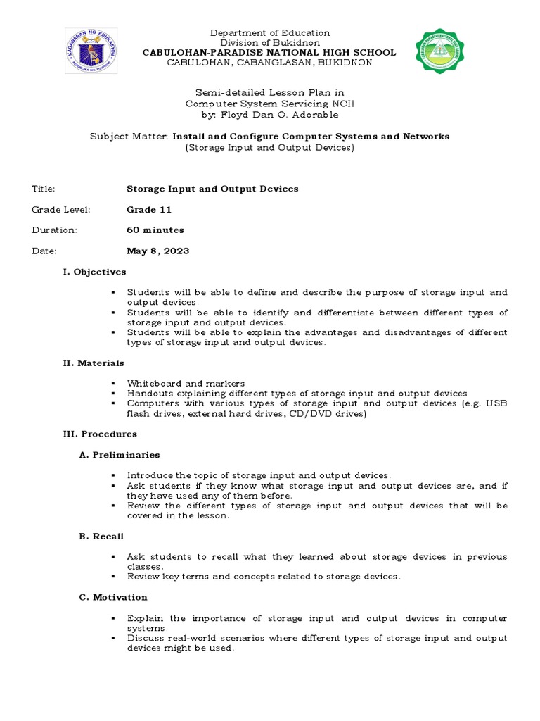 Semi-Detailed Lesson Plan in Computer System Servicing NCII By: Floyd ...