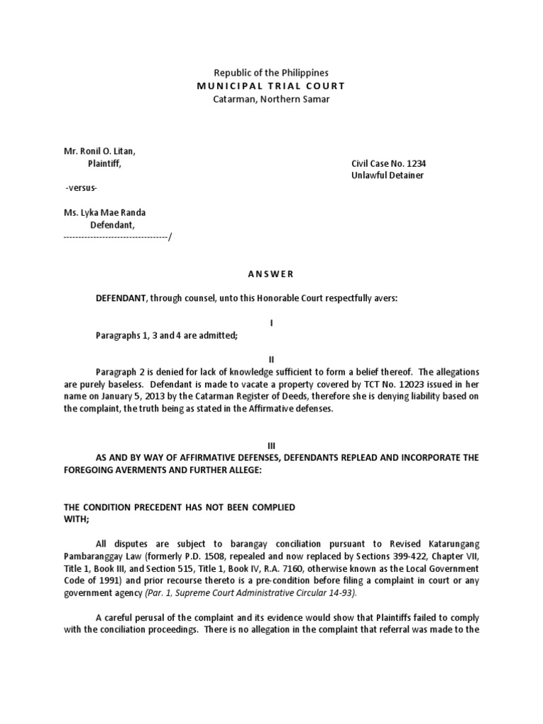 Answer Pleading Unlawful Detainer PDF Free PDF | PDF