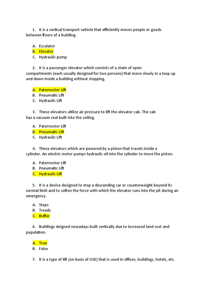 Elevator MCQ 20 Items | Download Free PDF | Elevator | Mechanical ...