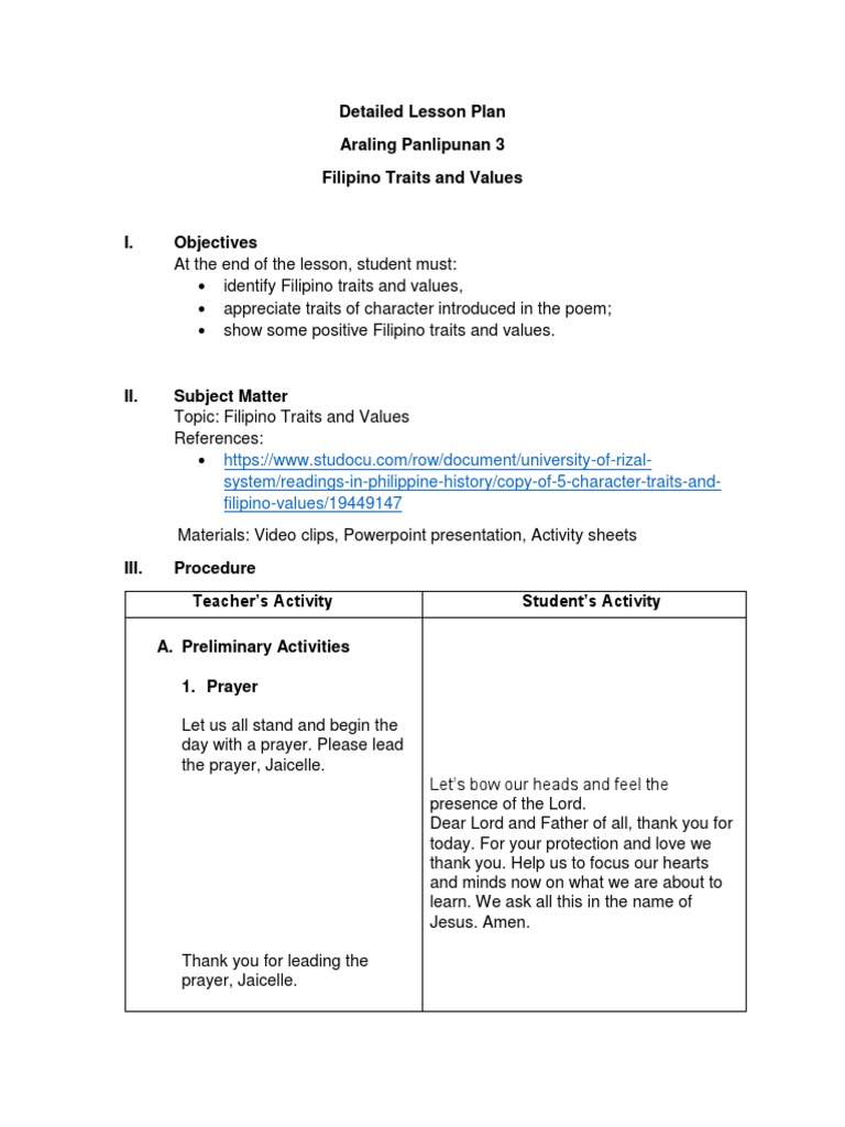 Filipino Traits and Values Lesson Plan | PDF | Language Arts & Discipline