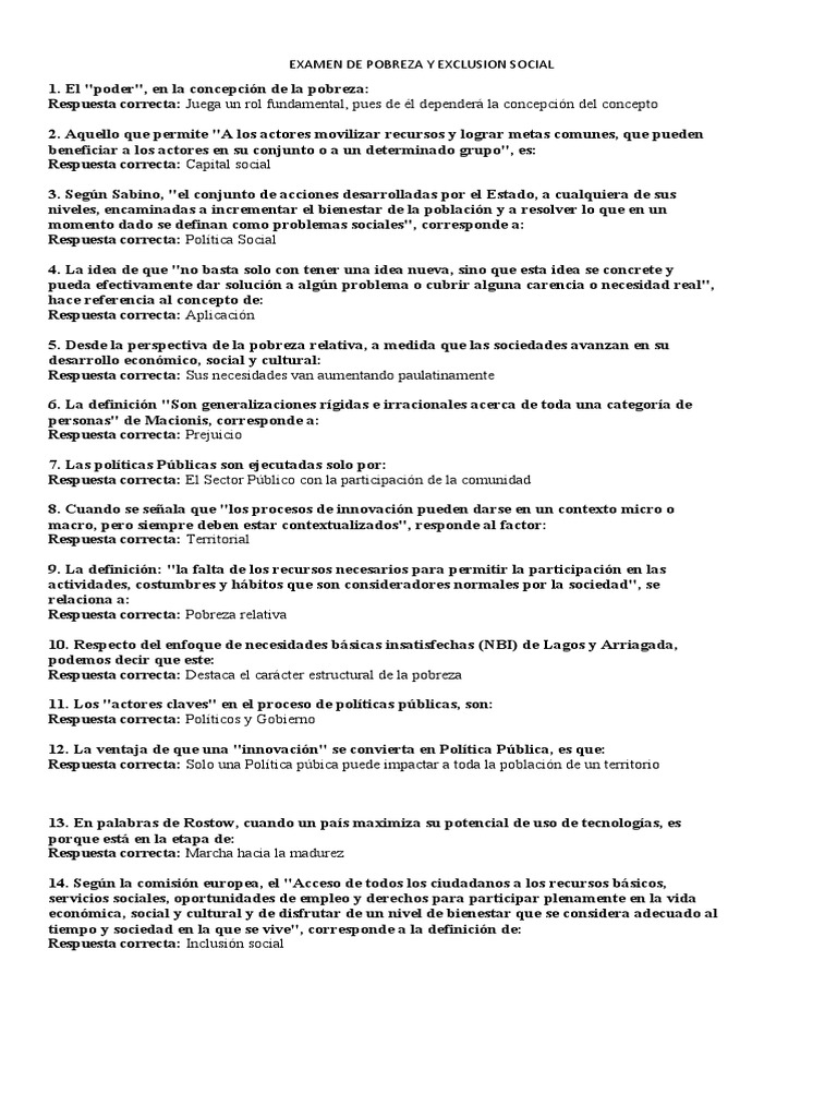 Examen sobre Pobreza y Exclusión Social | PDF | Pobreza | Pobreza e ...