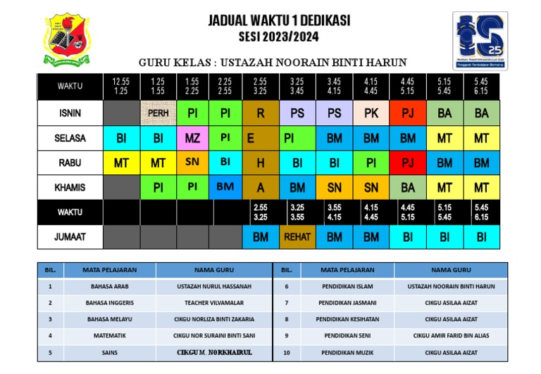 Jadual Waktu Kelas 1 Dedikasi Pdf