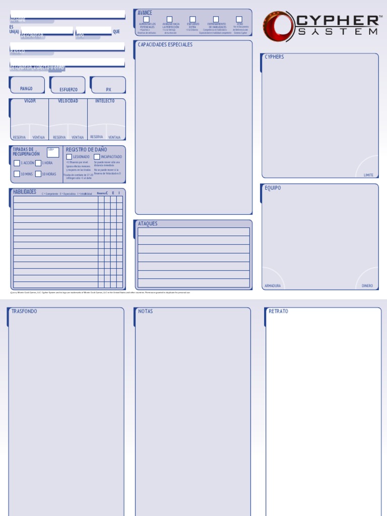 Hoja de Personaje Del Sistema Cypher PDF | PDF