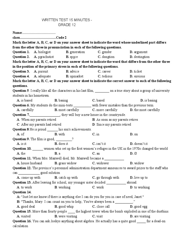 Ktra 15 Phut Bai Cuoi 12 - de 2 | PDF