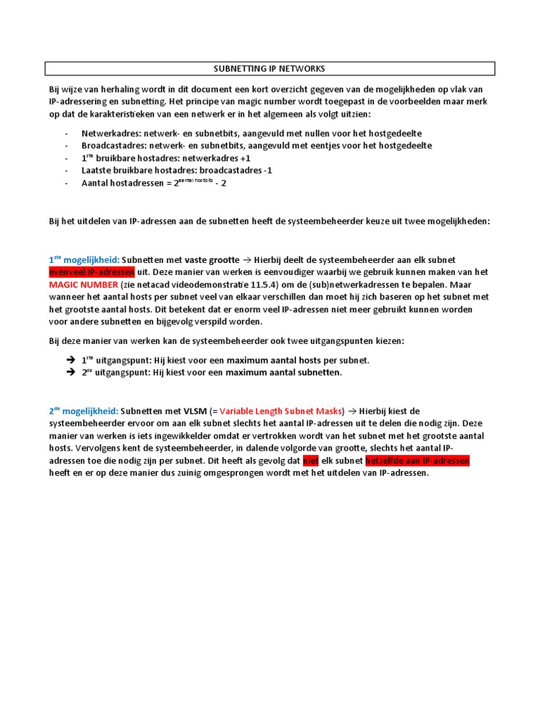 Samenvattende Oefeningen Subnetting Ip Networks 1 Pdf