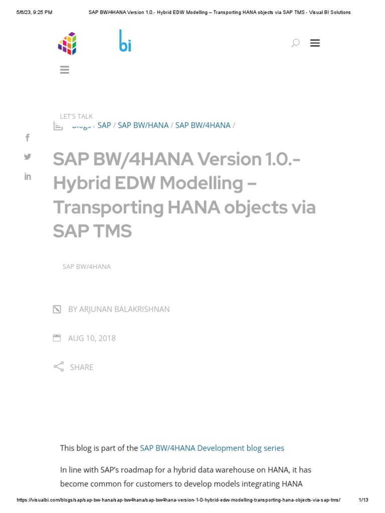 SAP BW - 4HANA Version 1.0. - Hybrid EDW Modelling - Transporting HANA Objects Via SAP TMS ...