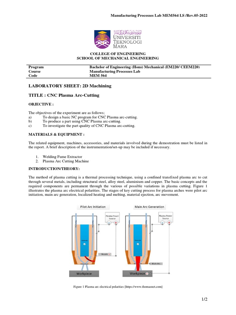 2D Machining Lab Sheet - PLasma Arc Cutting PDF | PDF