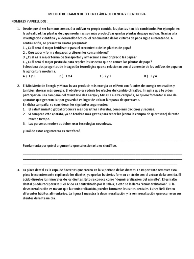 Modelo de Examen de Ece en El Àrea de Ciencia y Tecnologia | PDF | Diodo emisor de luz | Patata