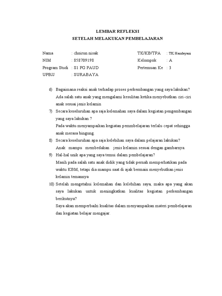 Contoh Lembar Refleksi | PDF | Kesehatan Holistik