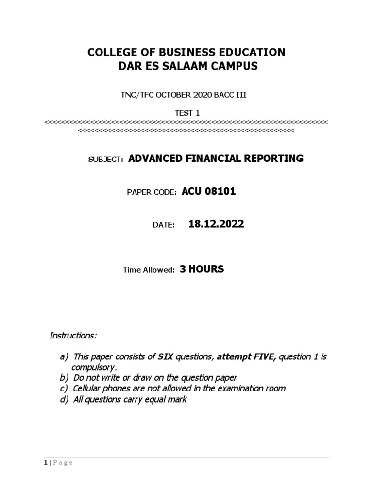 Advanced Financial Reporting - Test 1 2022 | PDF