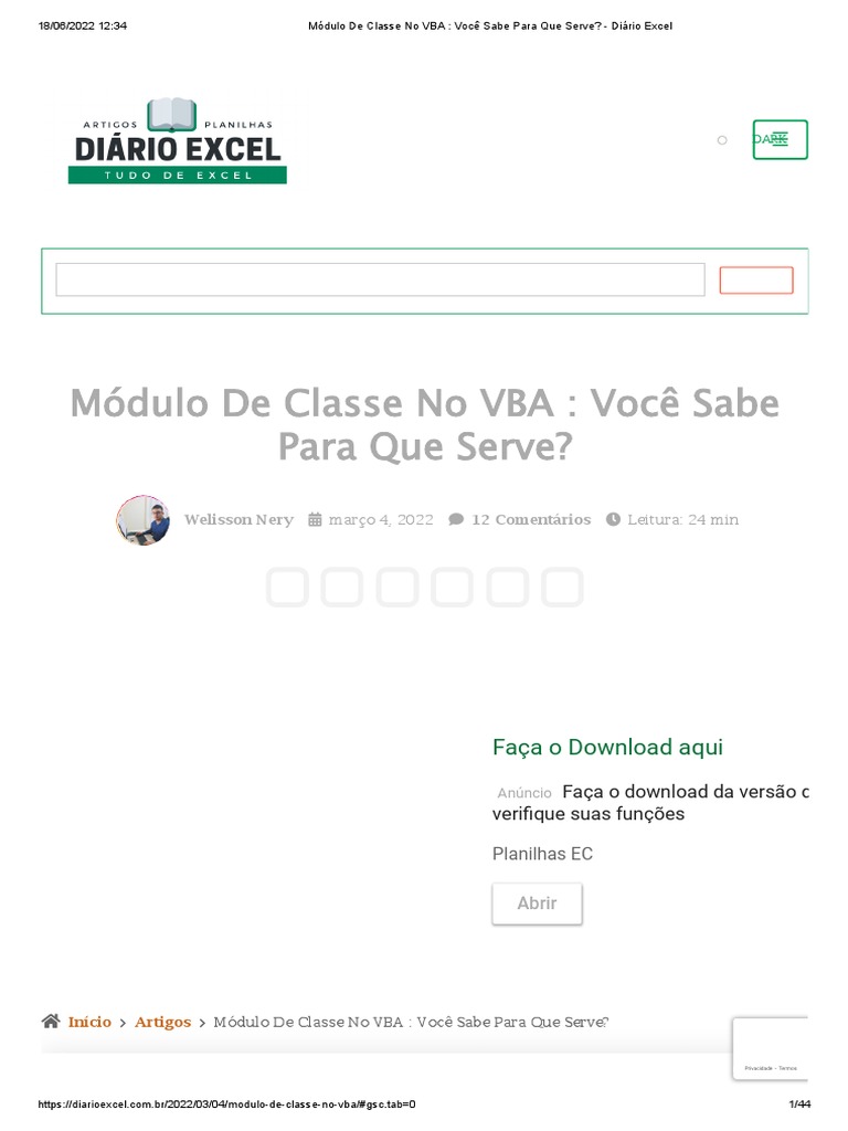Módulo de Classe No VBA - Você Sabe para Que Serve - Diário Excel PDF | PDF