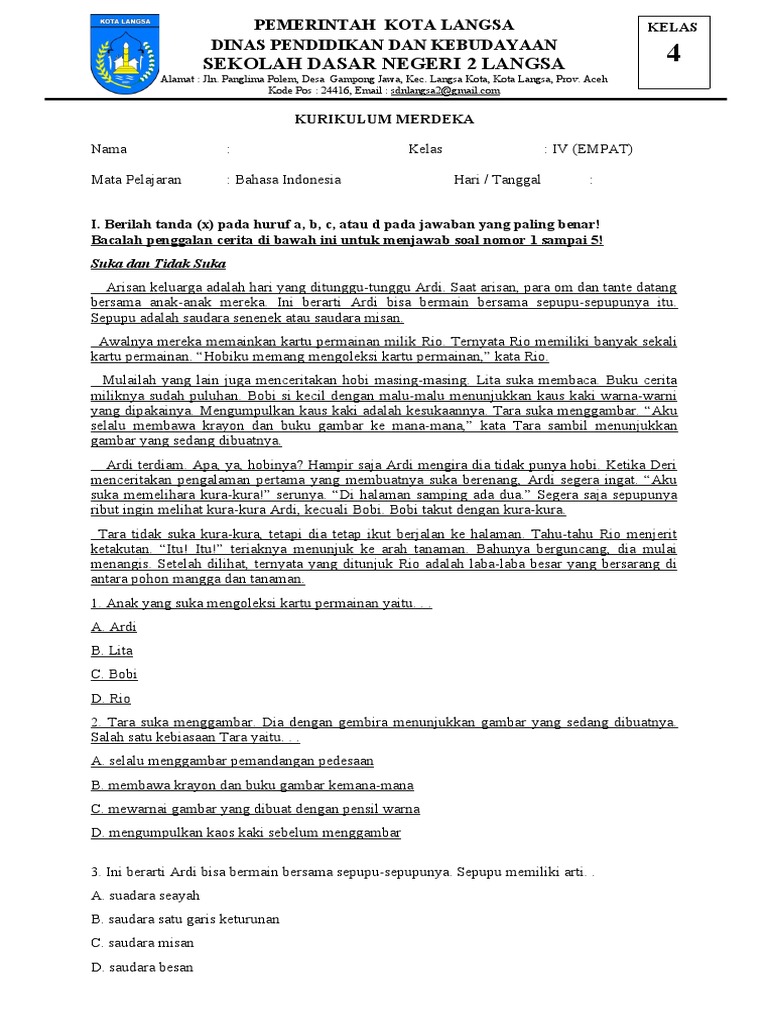 Soal Kelas 4 Kumer Semester 1 | PDF