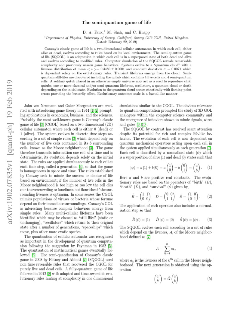 Semi-Quantum Game of Life Dynamics | PDF | Science & Mathematics