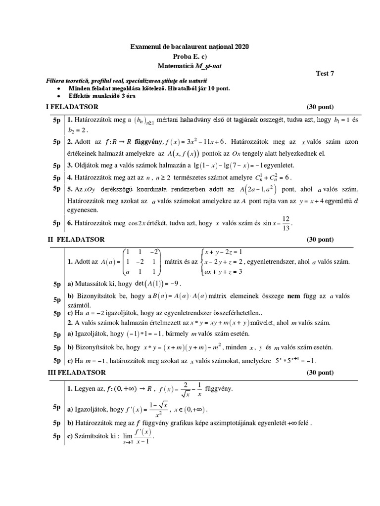 Bac 2020 E C Matematica M St-Nat Var.7 LB - Maghiara | PDF