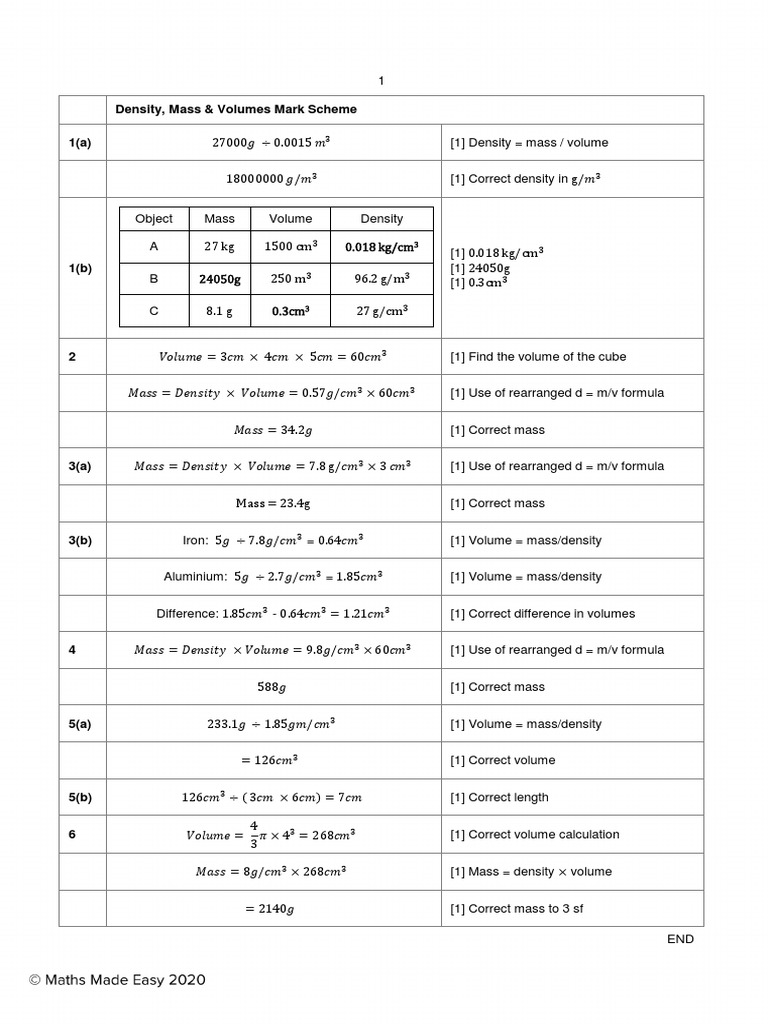Density Mass and Volume Answers MME | PDF